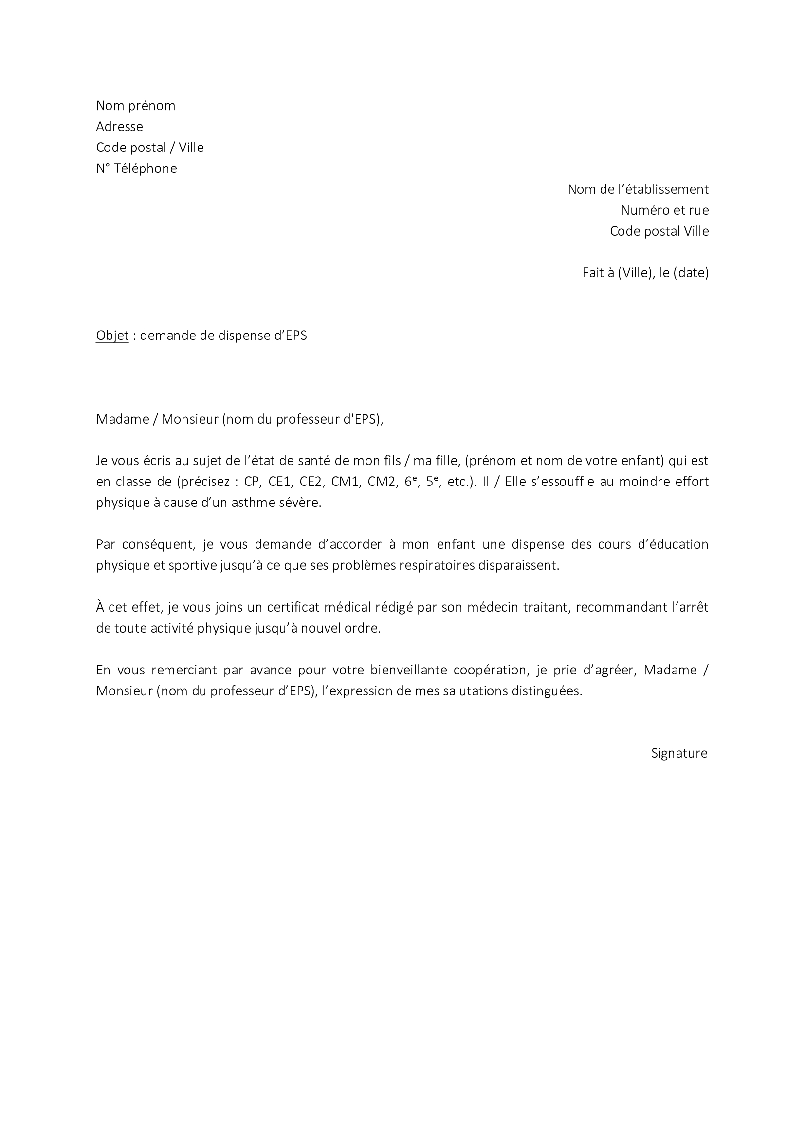 Lettre de demande de dispense d'EPS à l'école - TaLettre.fr