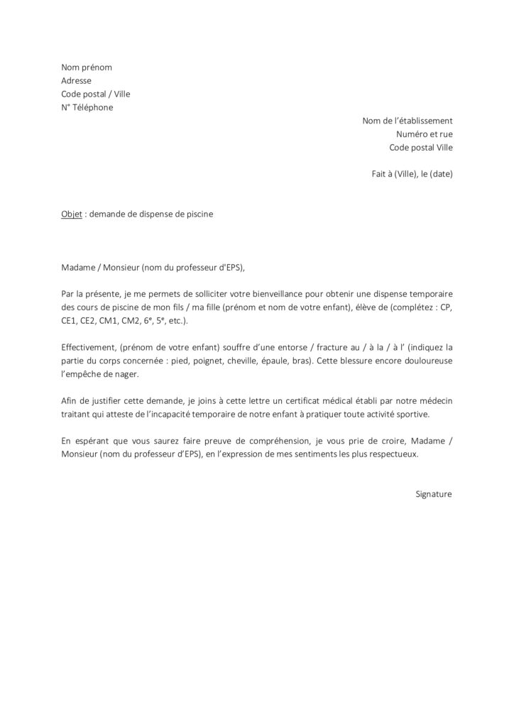 Lettre De Demande De Dispense De Piscine Pour L école Talettre Fr