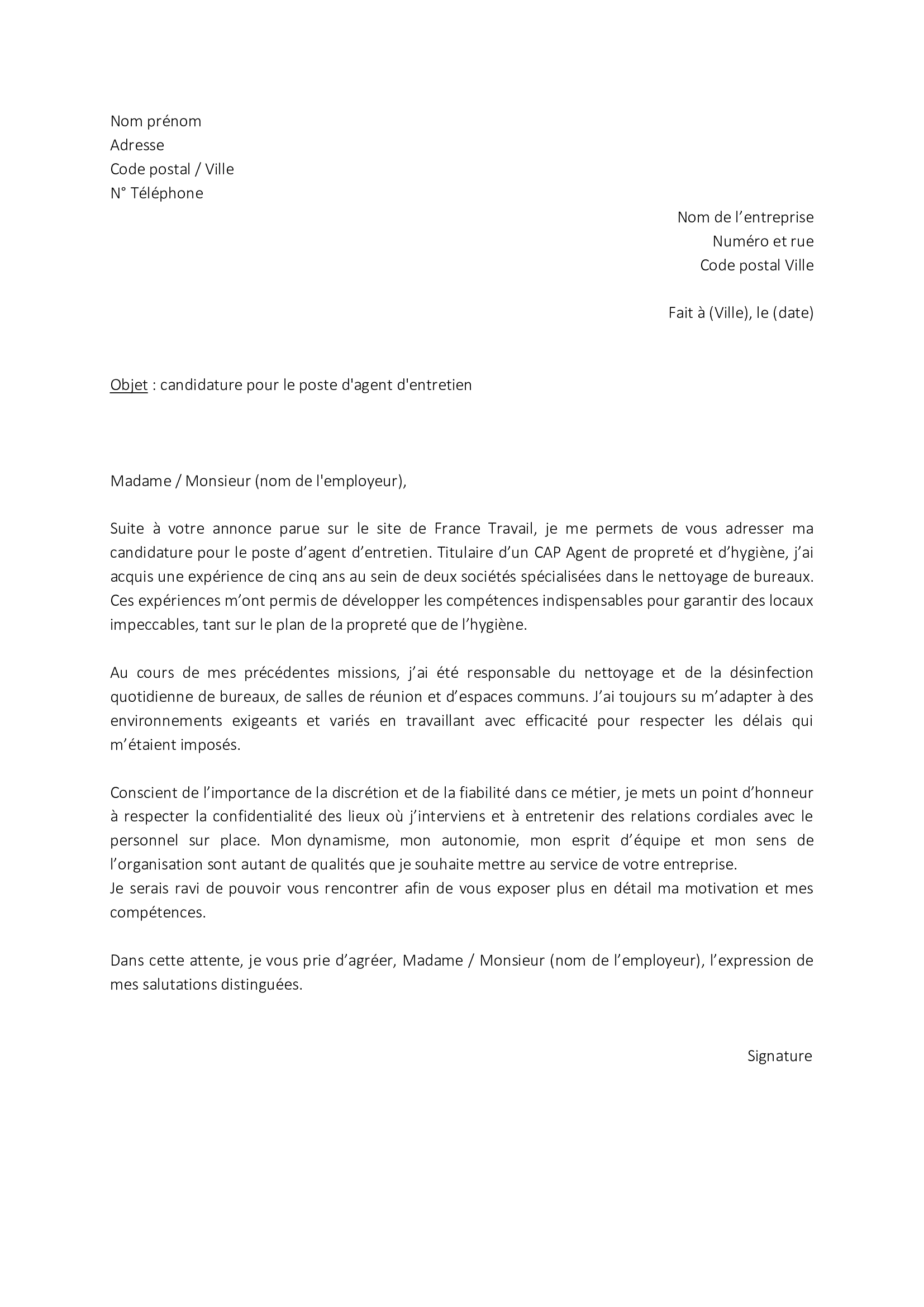 Lettre de motivation d'agent d'entretien - TaLettre.fr