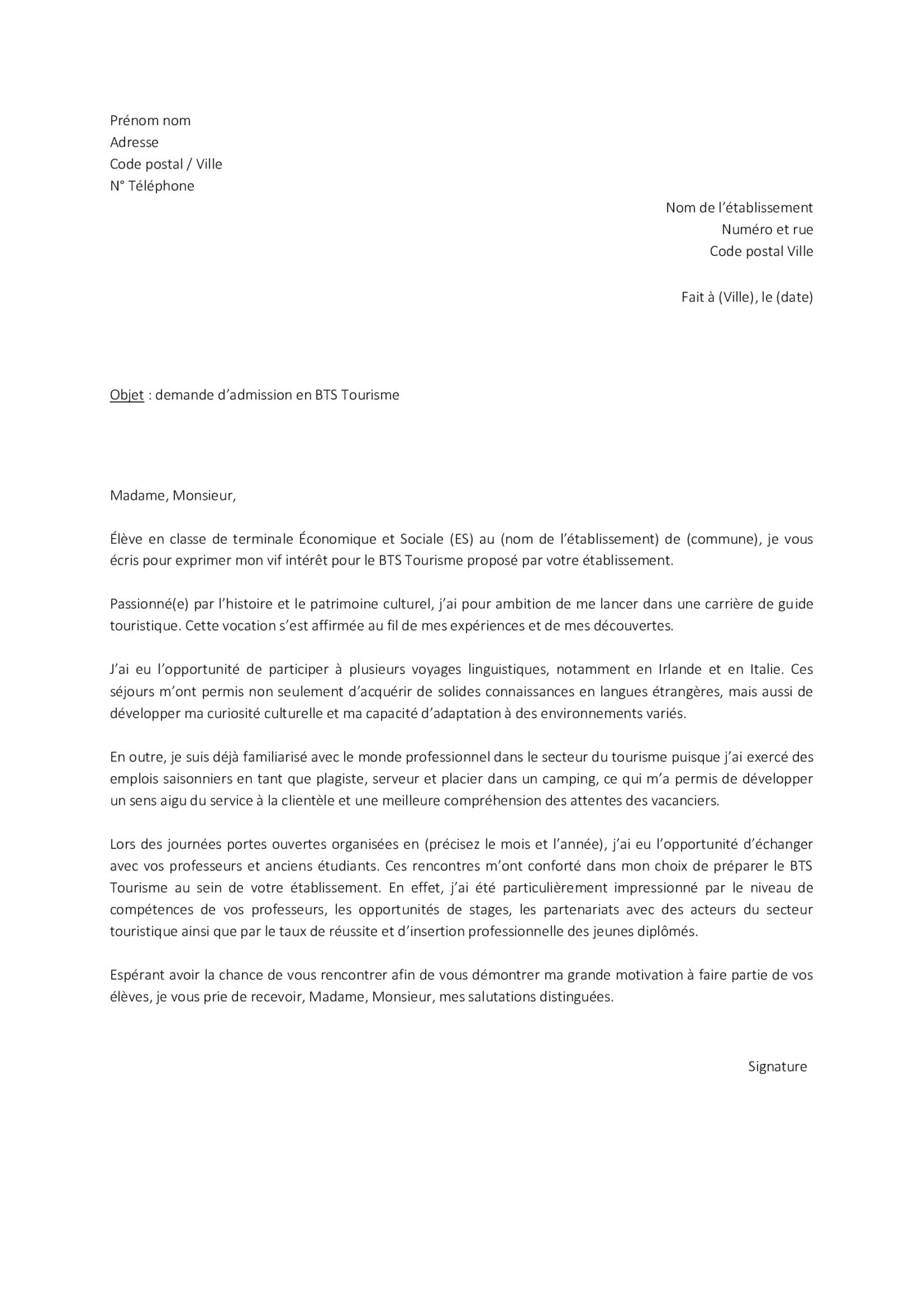 Lettre de motivation BTS Tourisme Parcoursup - TaLettre.fr