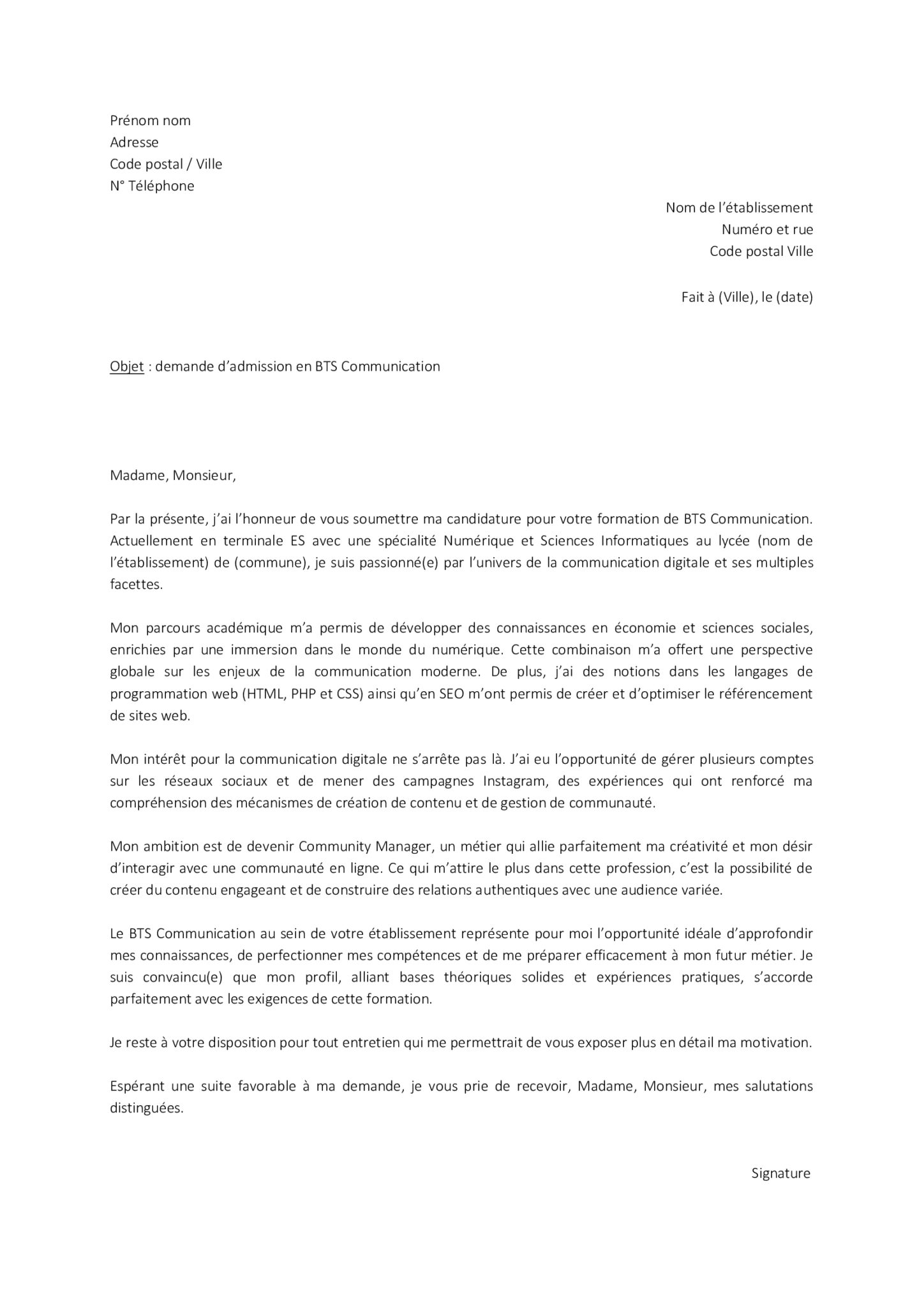 Lettre de motivation BTS Communication Parcoursup - TaLettre.fr