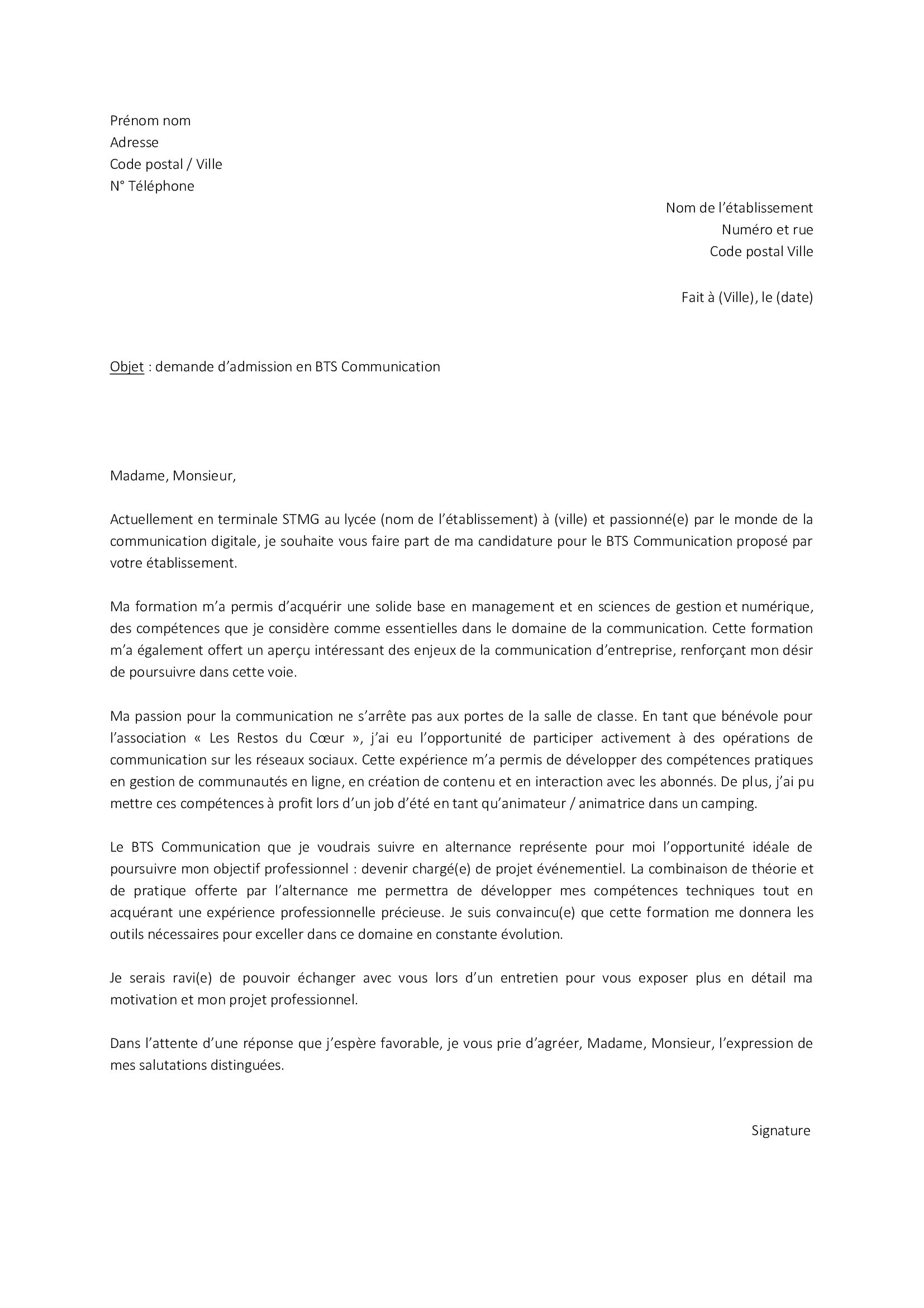 Lettre de motivation BTS Communication Parcoursup - TaLettre.fr