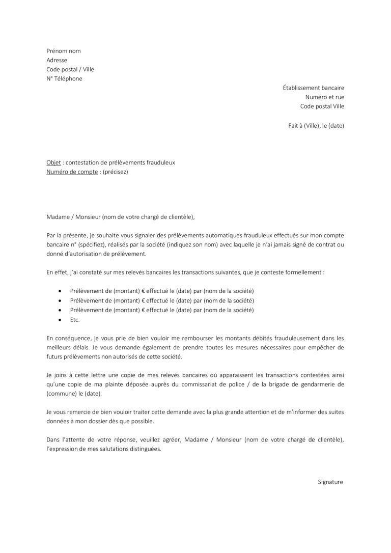 Lettre de contestation d'un prélèvement frauduleux sur le compte ...