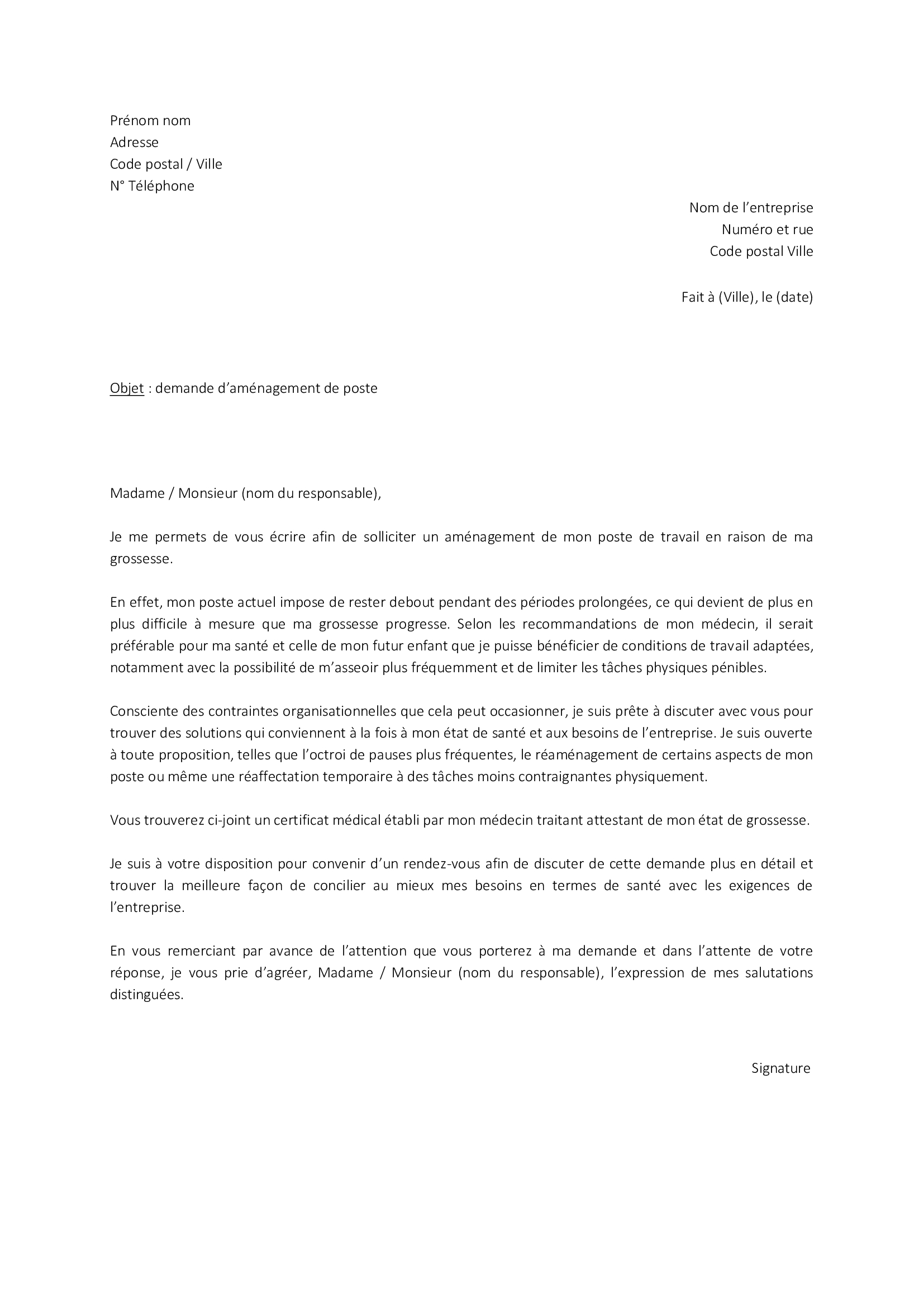 Lettre de demande d'aménagement de poste à l'employeur - TaLettre.fr