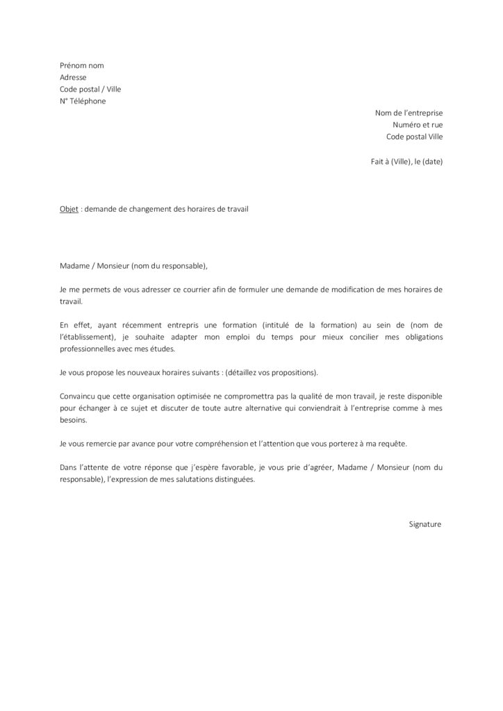 Lettre de demande de changement des horaires de travail - TaLettre.fr