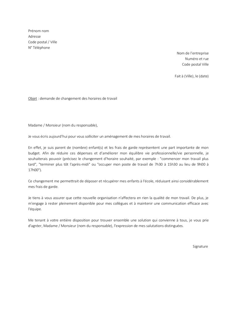 Lettre Pour Changement D Horaire De Travail – WQWZK