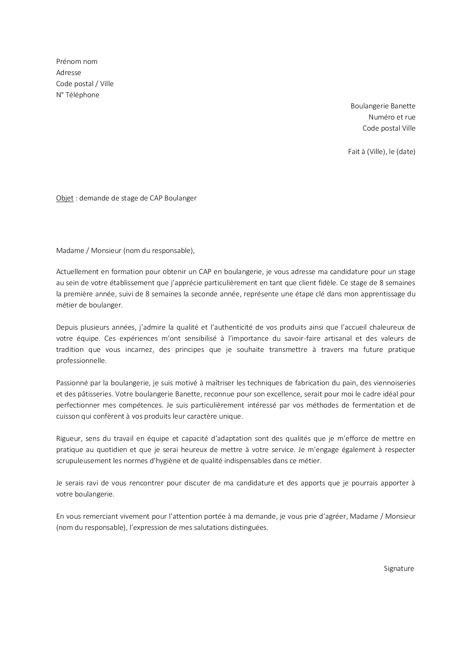 Lettre de motivation pour un stage de CAP Boulanger - TaLettre.fr