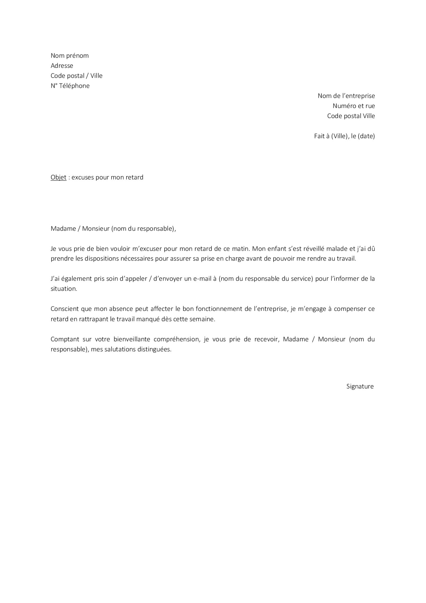 Lettre d'excuses pour un retard au travail - TaLettre.fr