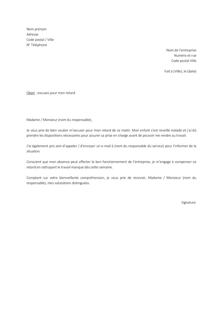 Lettre d'excuses pour un retard au travail - TaLettre.fr