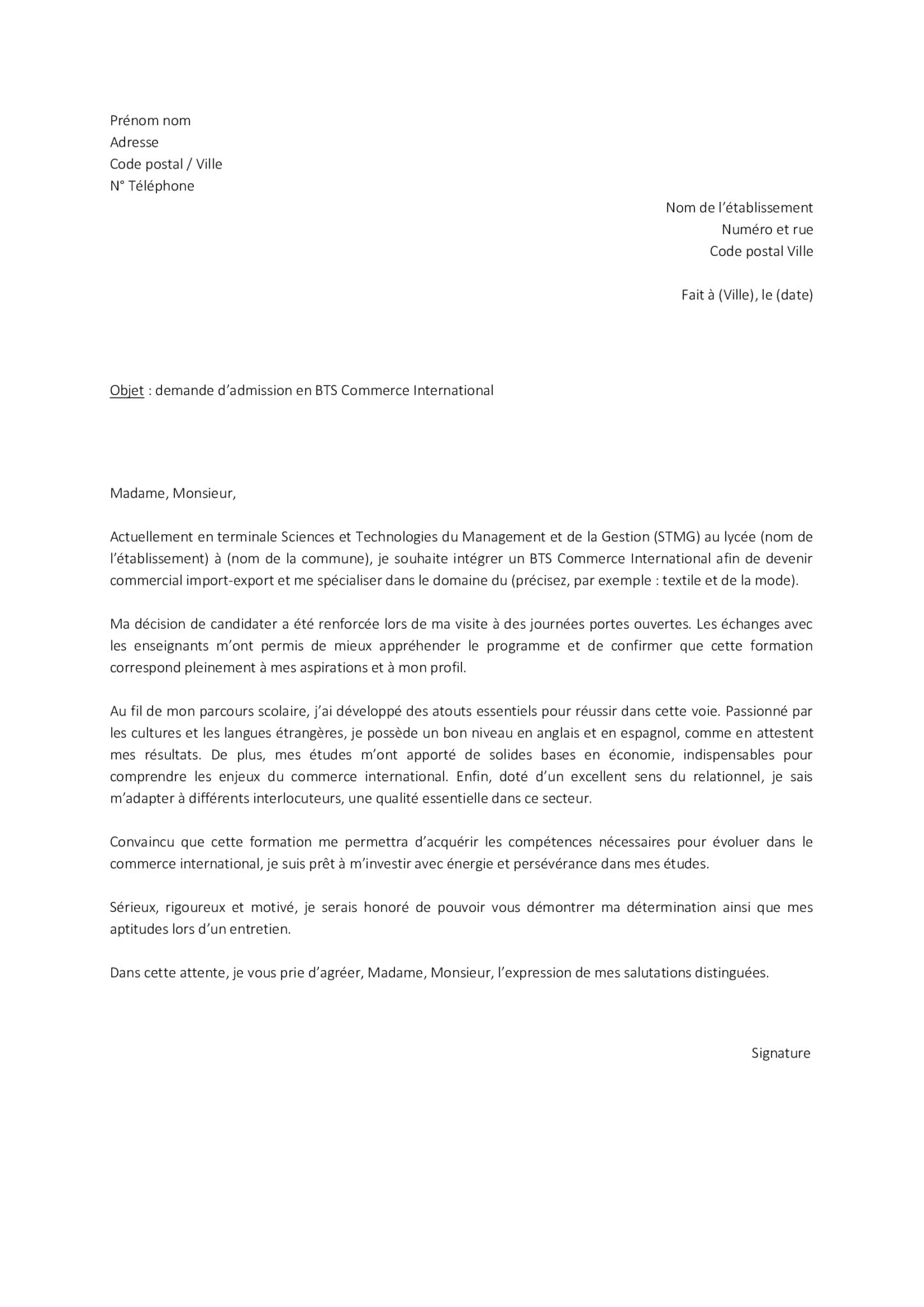 Lettre de motivation Parcoursup pour BTS Commerce International ...