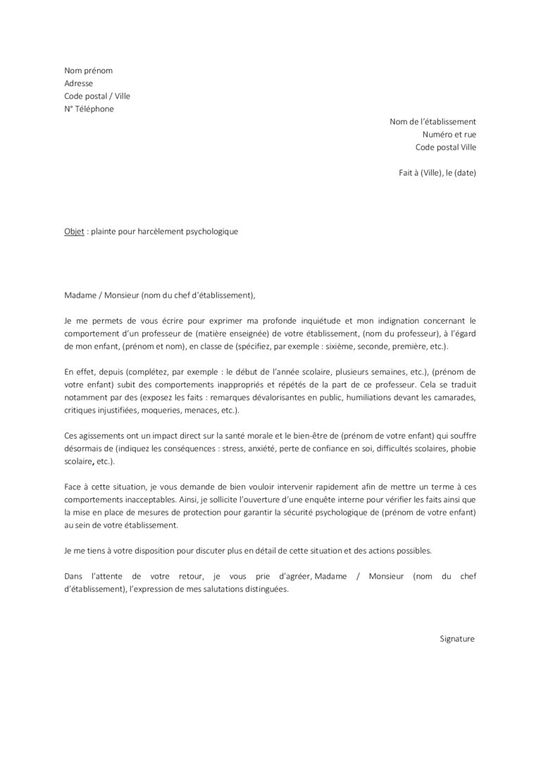 Lettre de plainte pour harcèlement à l'école - TaLettre.fr