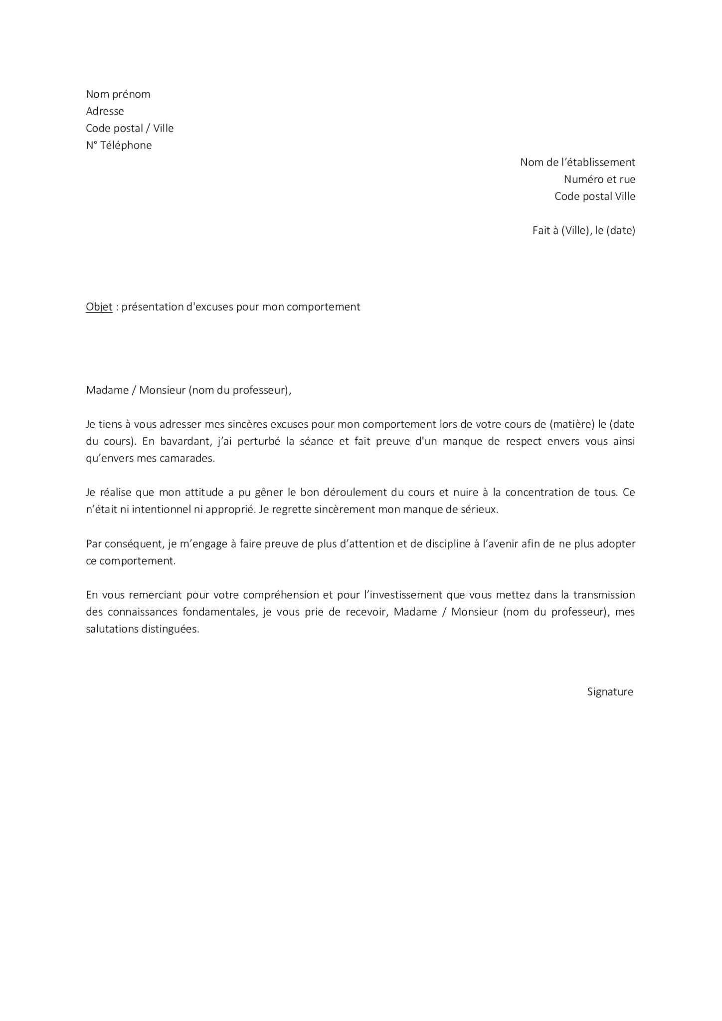 Lettre d'excuses à un professeur pour mauvaise conduite en classe ...