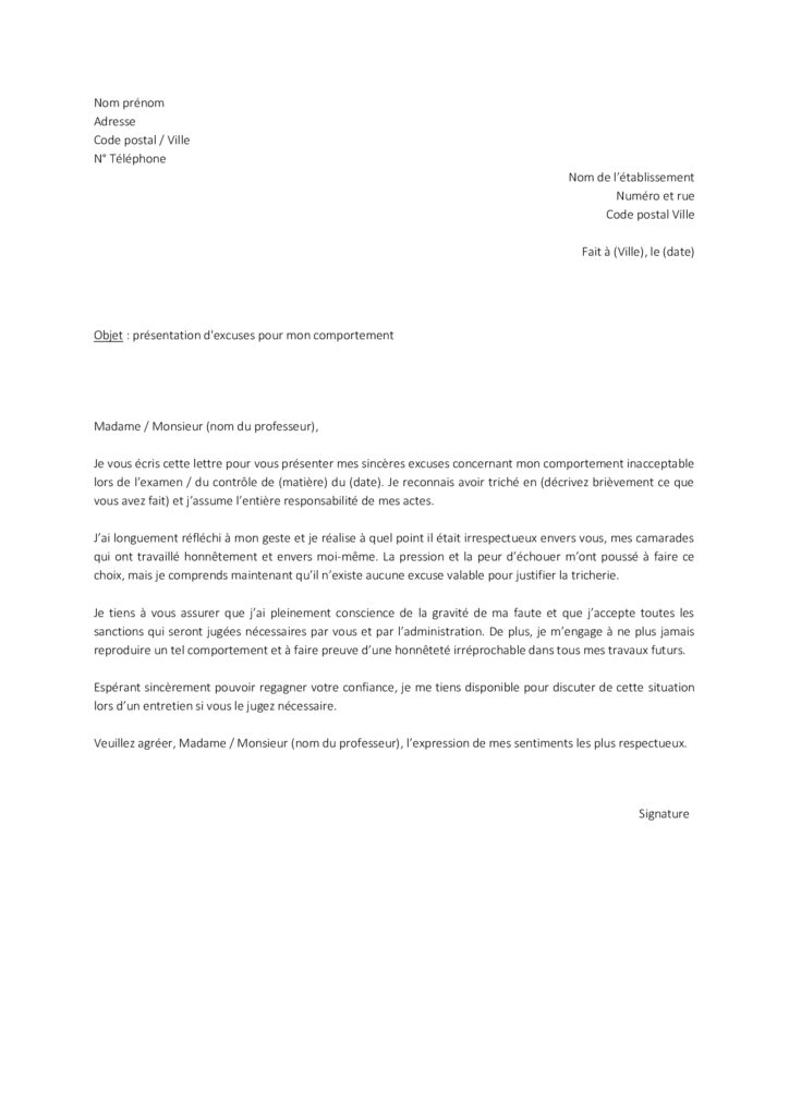 Lettre d'excuses à un professeur pour mauvaise conduite en classe ...