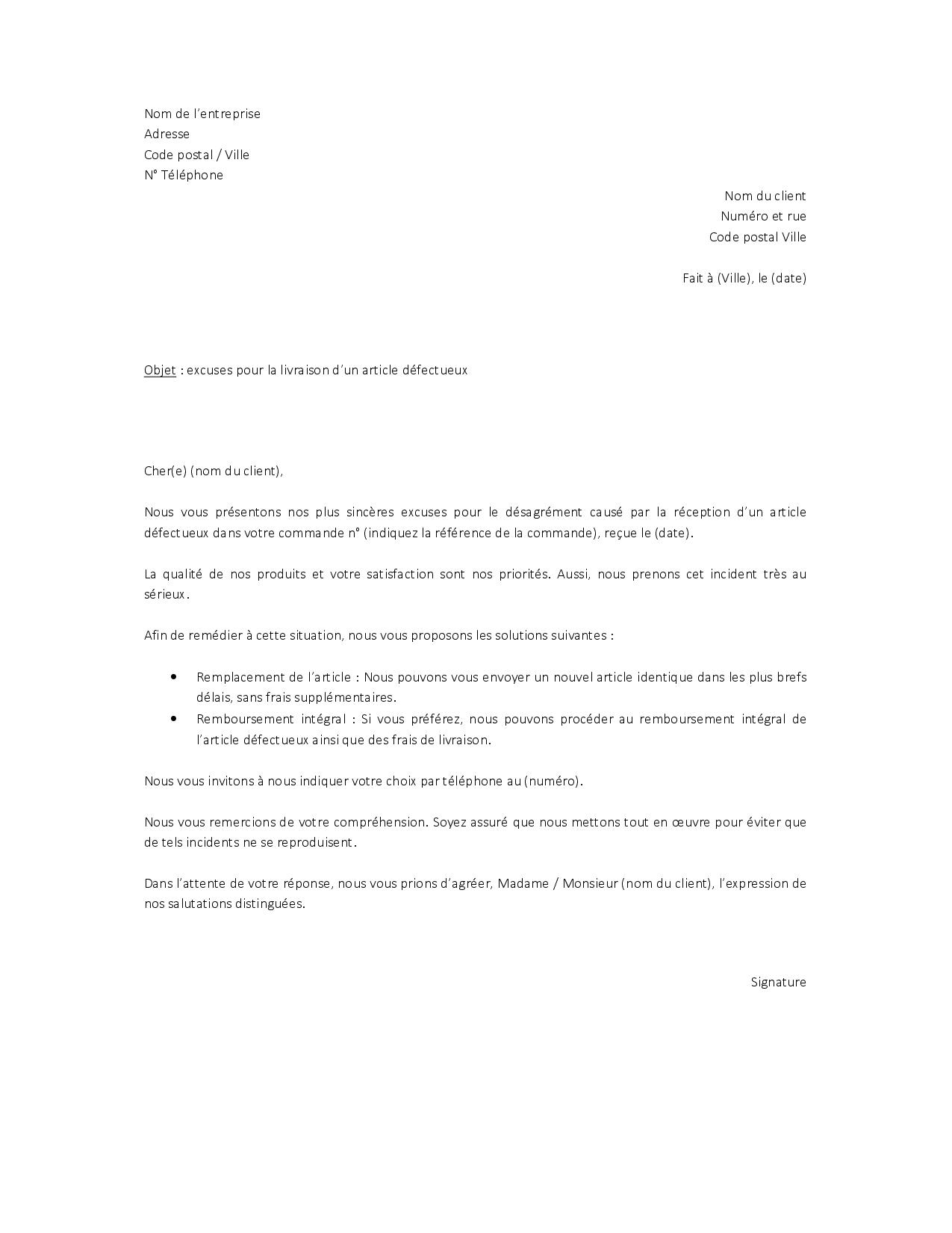 Lettre pour s'excuser auprès d'un client d'un désagrément - TaLettre.fr