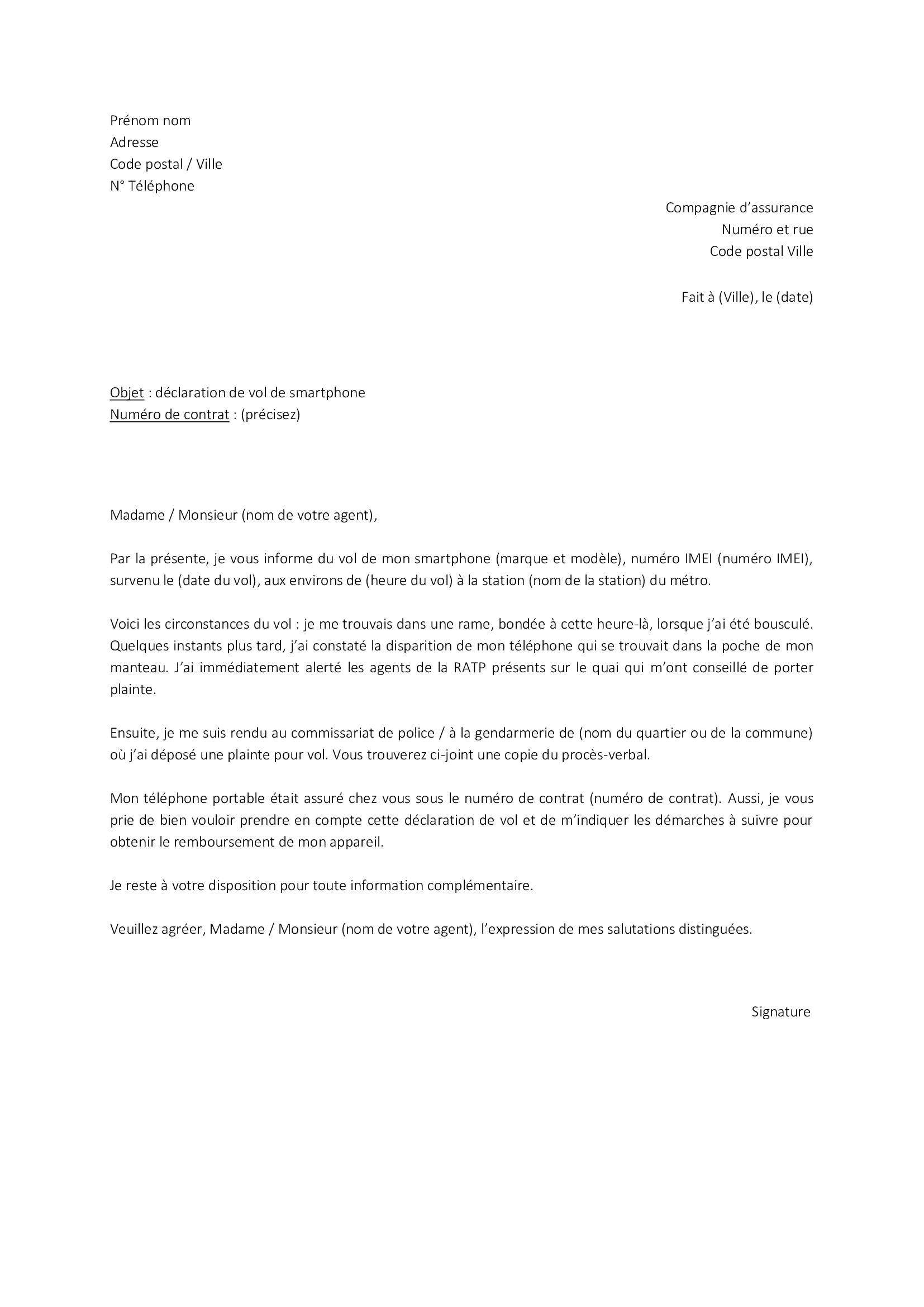Lettre de déclaration de vol de Smartphone à l'assurance - TaLettre.fr