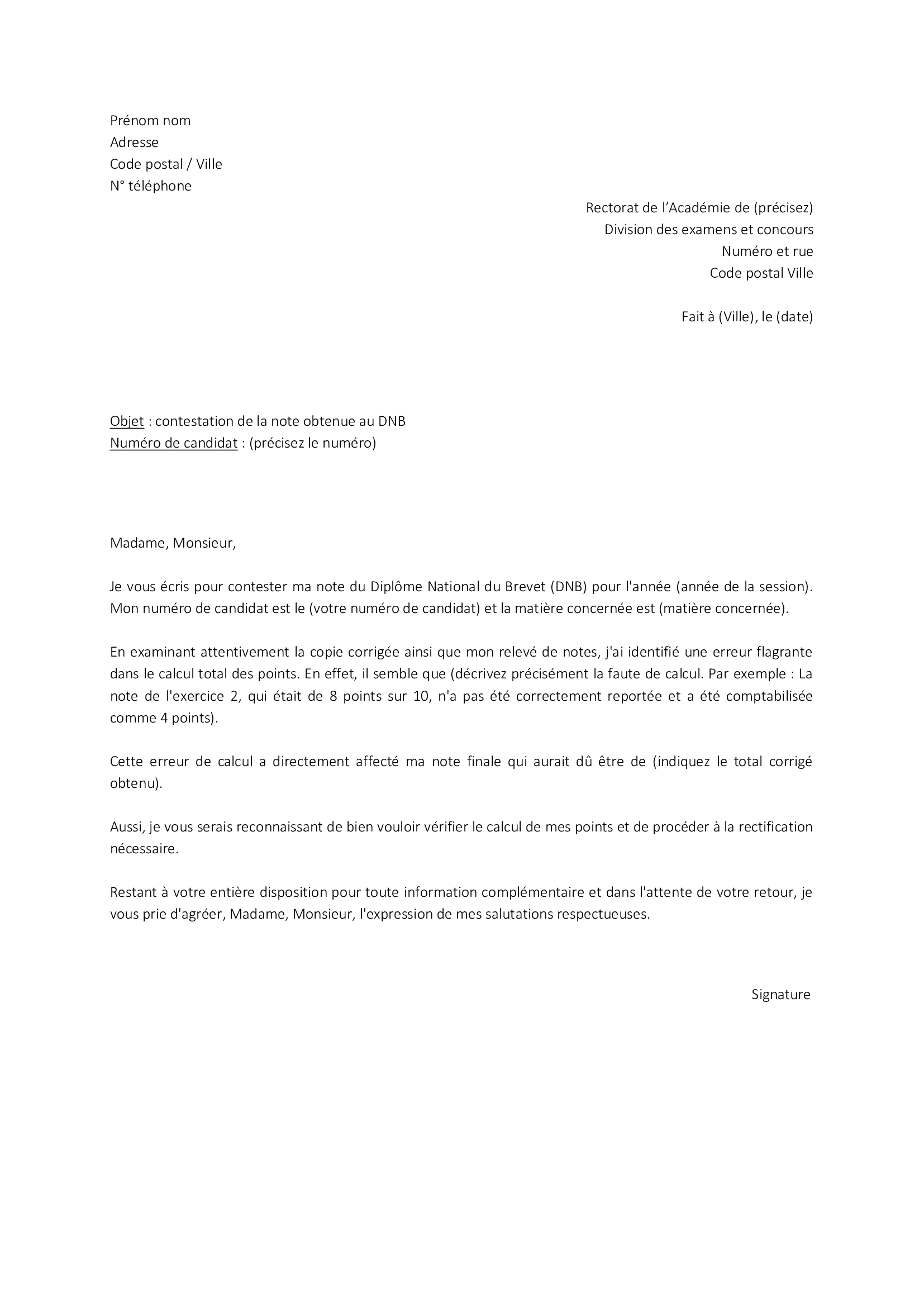 Lettre de contestation d'une note du DNB - TaLettre.fr
