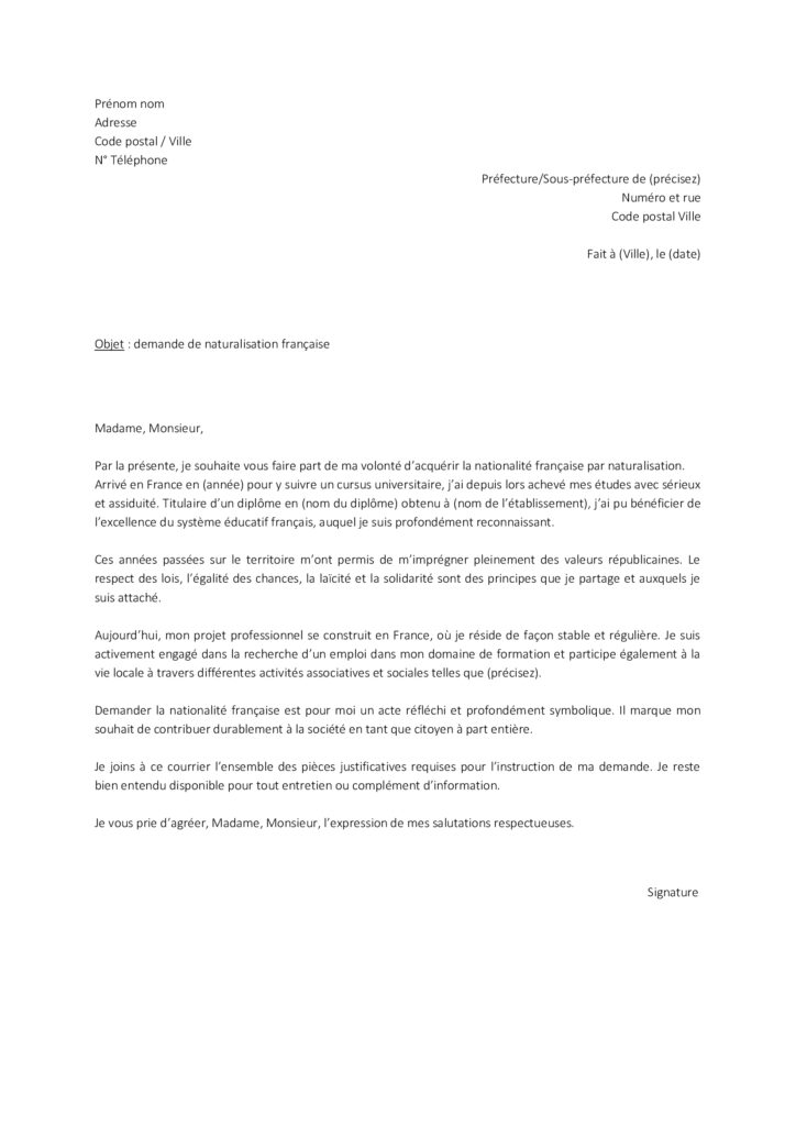 Lettre de demande de naturalisation française par décret - TaLettre.fr