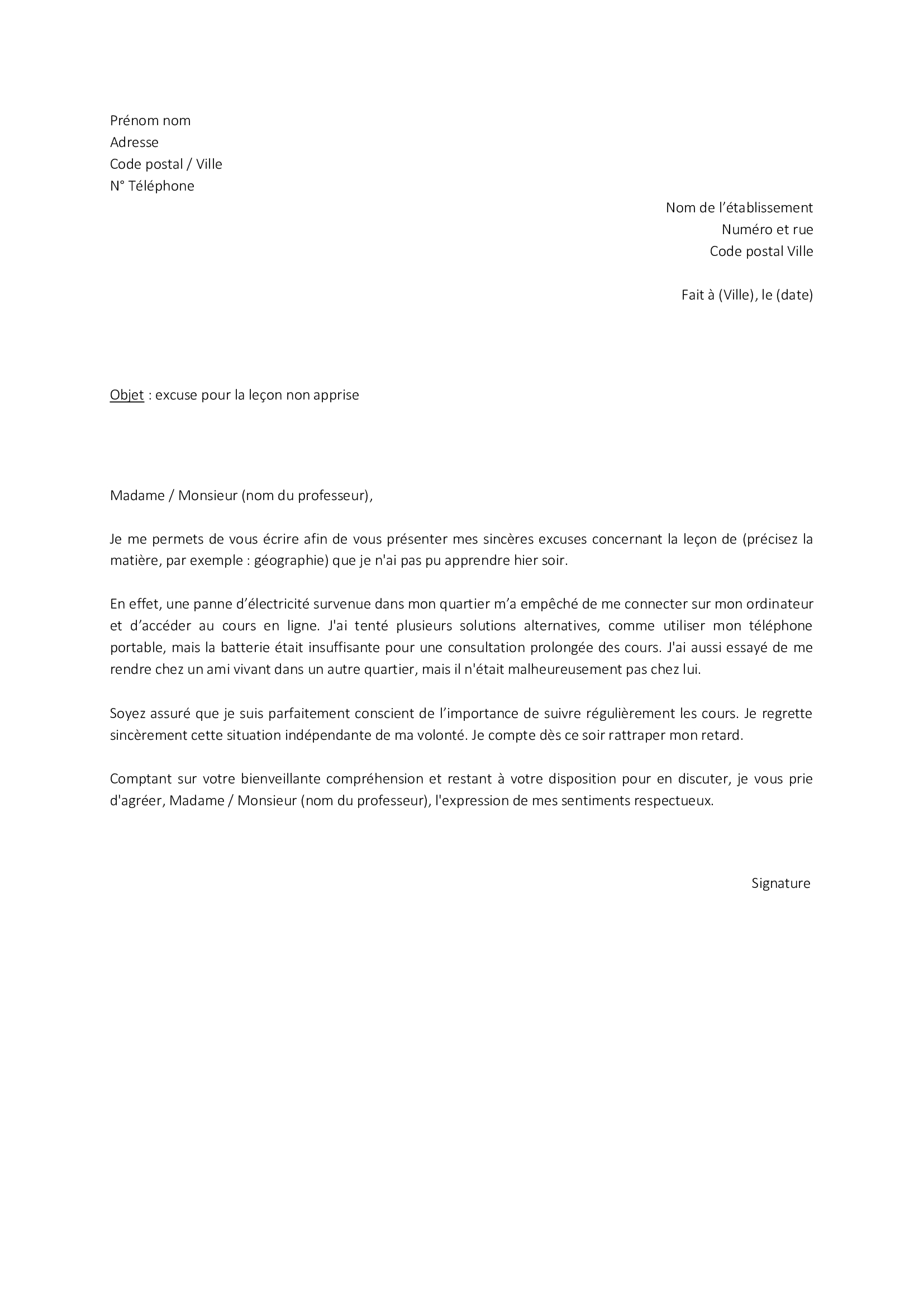 Lettre d'excuse pour une leçon non apprise - TaLettre.fr