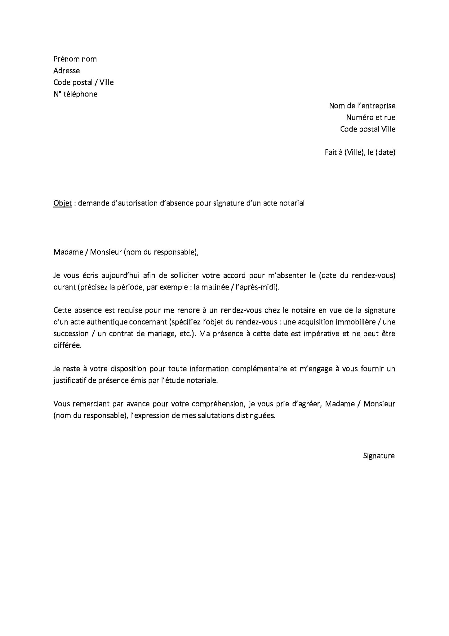 Lettre de demande d’autorisation d’absence au travail - TaLettre.fr