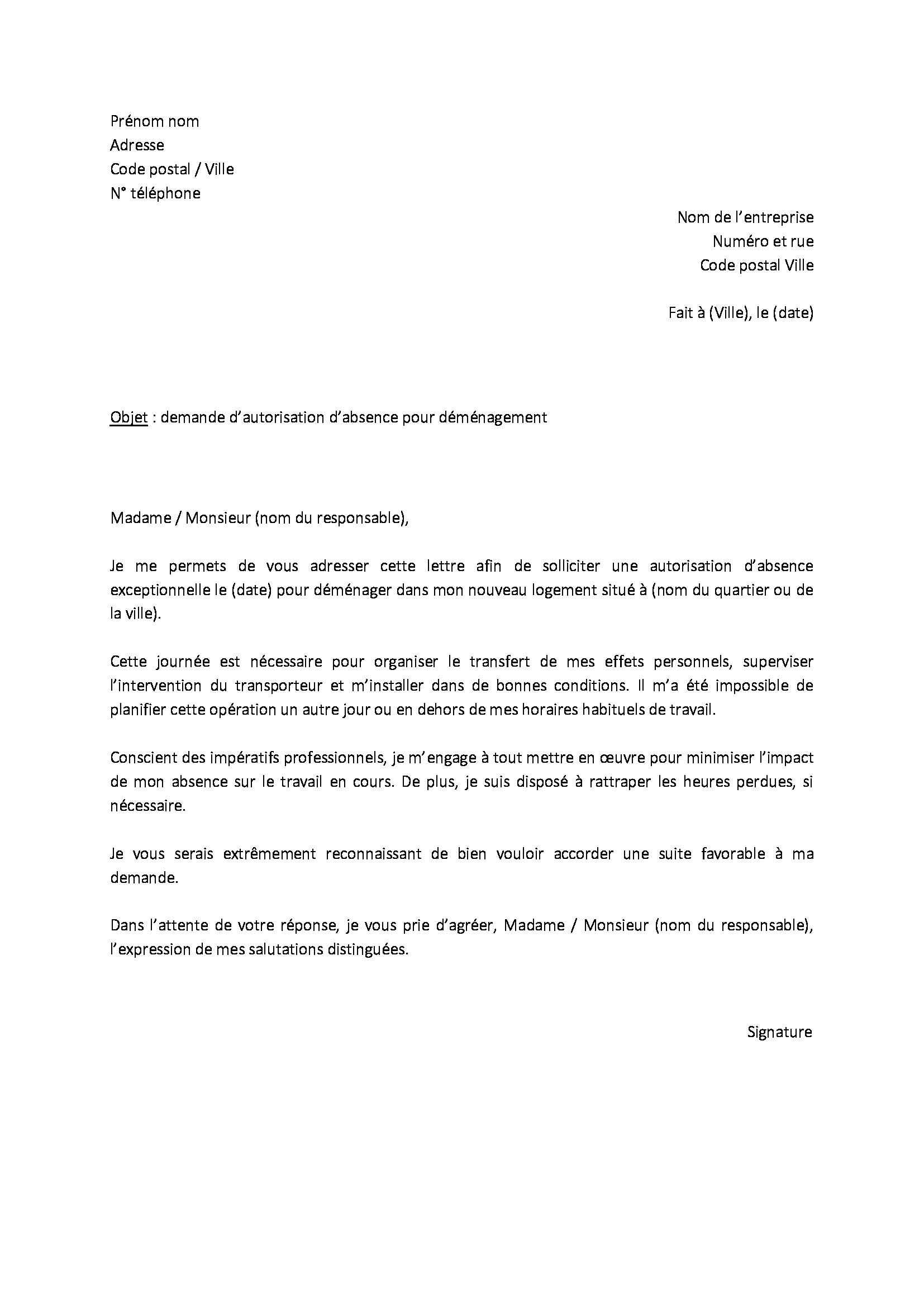 Lettre de demande d’autorisation d’absence au travail - TaLettre.fr