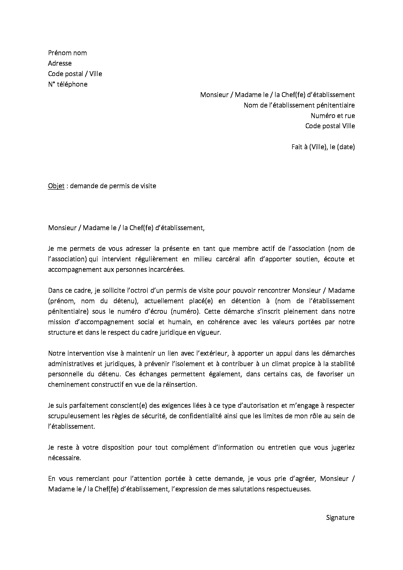 Lettre de demande de permis de visite - TaLettre.fr