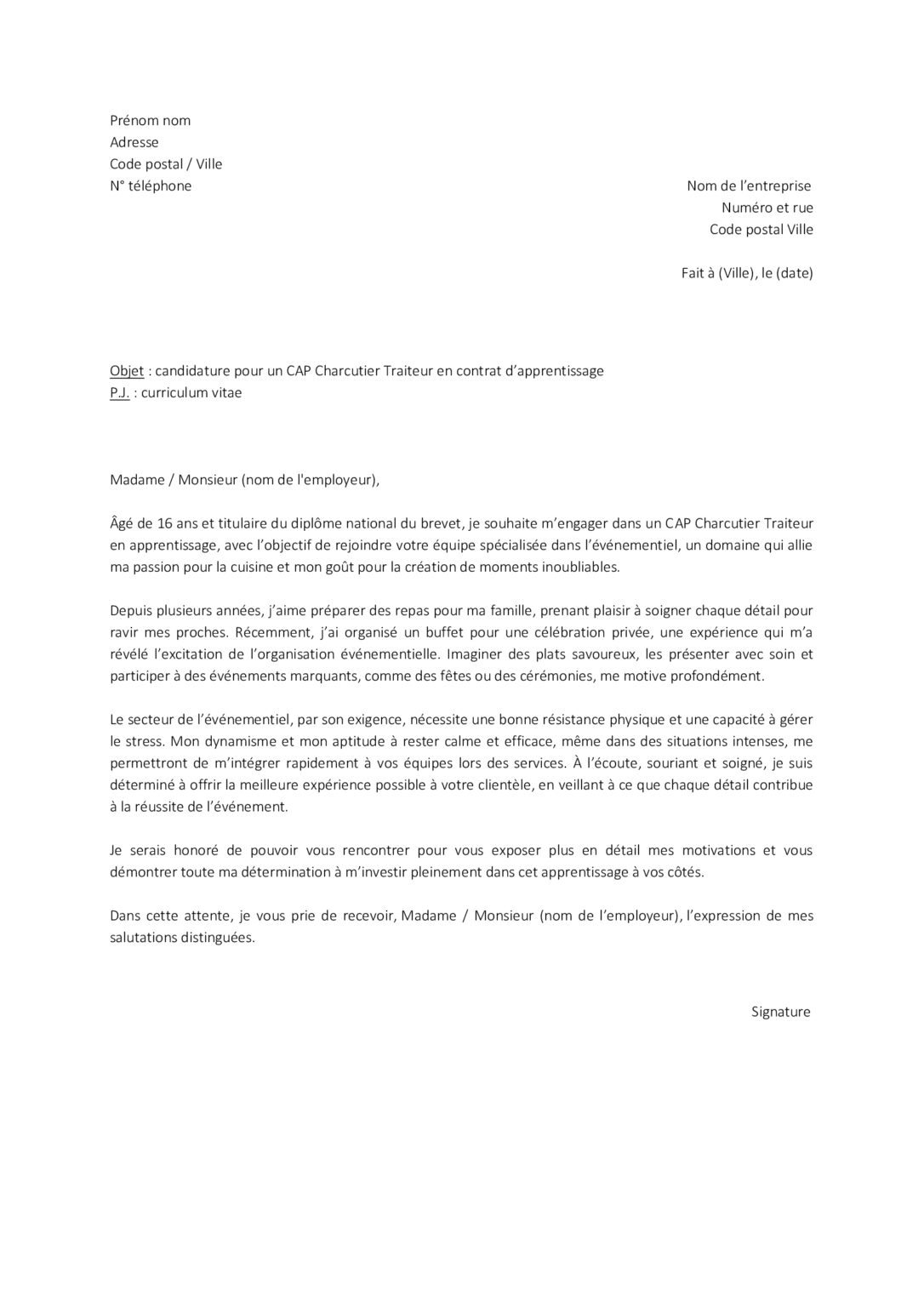 Lettre de motivation CAP Charcutier Traiteur en apprentissage - TaLettre.fr