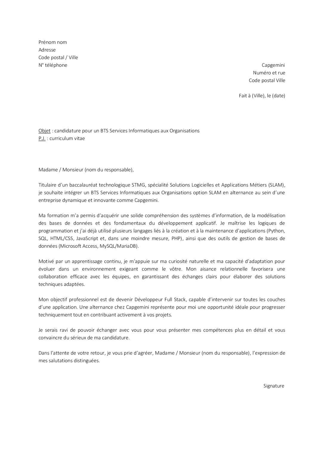 Lettre de motivation pour un BTS SIO en alternance - TaLettre.fr
