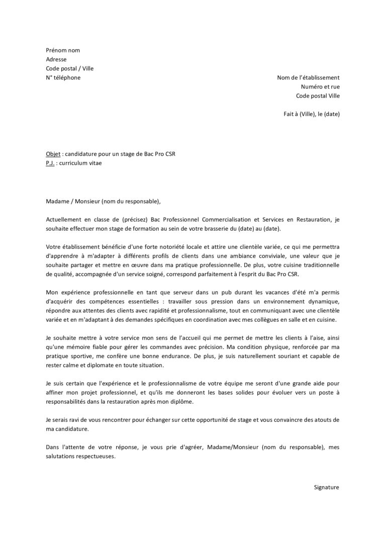 Lettre de motivation pour un stage de Bac Pro CSR - TaLettre.fr