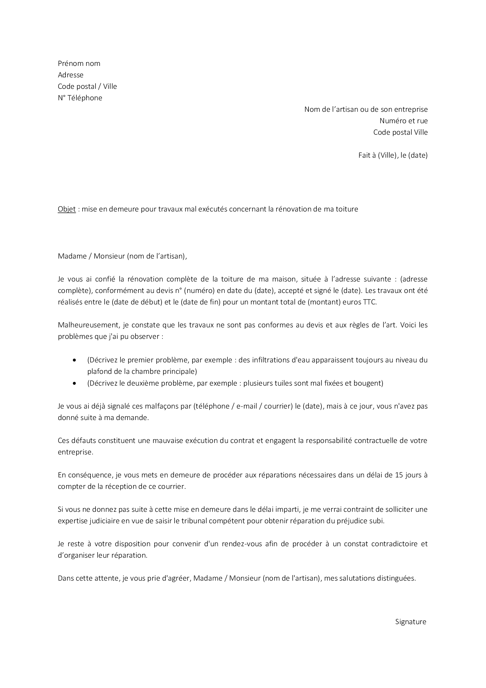 Mise En Demeure Pour Travaux