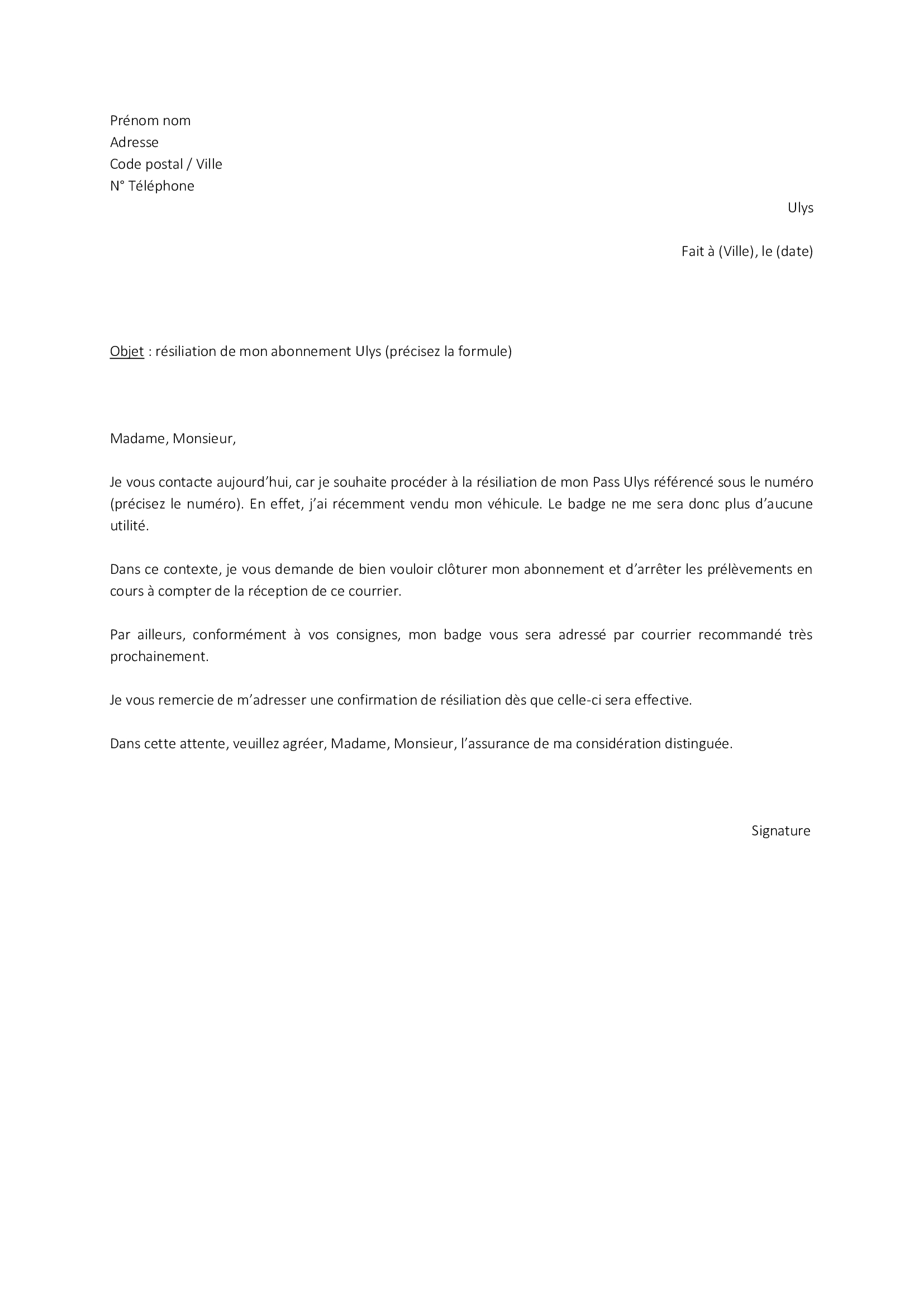 Modèle de lettre de résiliation du Pass Ulys - TaLettre.fr